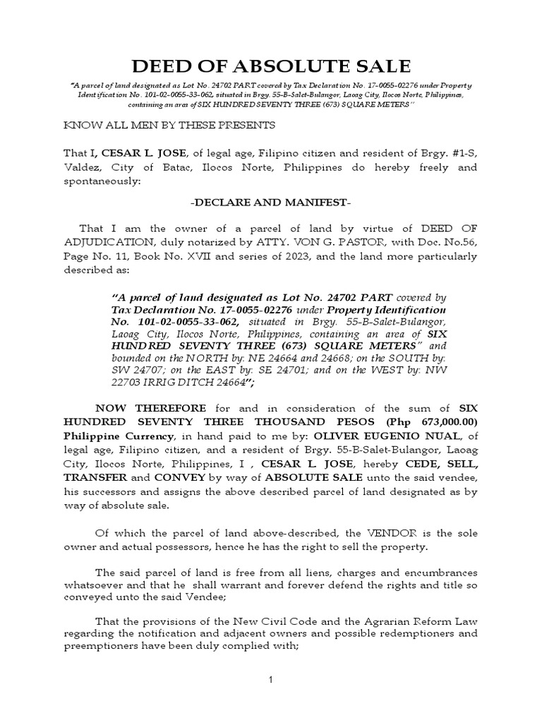 Deed of Absolute Sale 673 sqm Lot in Ilocos Norte | PDF | Law And Economics | Property Law