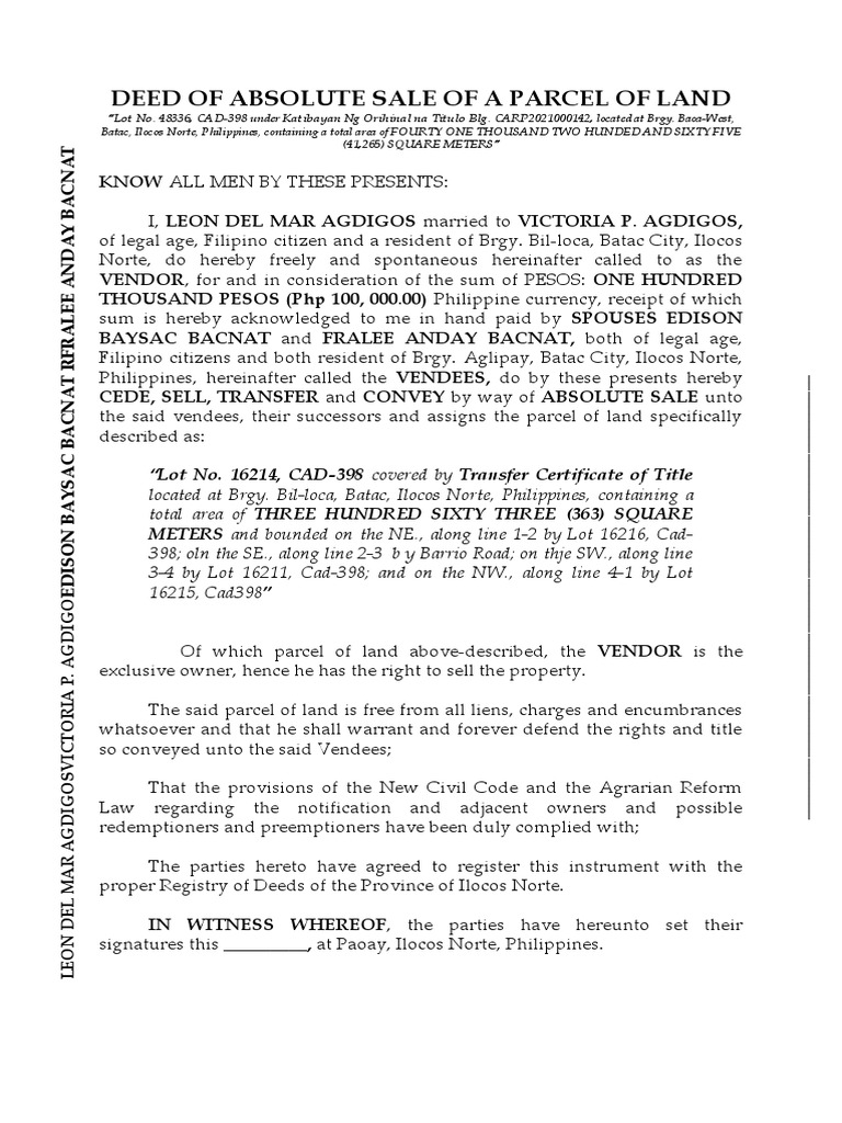 Deed of Absolute Sale of A Parcel of Land - Agdigos - Bacnat | PDF | Justice | Crime & Violence