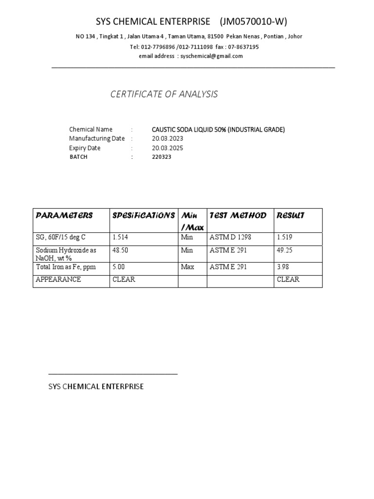 Coa - Caustic Soda Liquid 50% | PDF