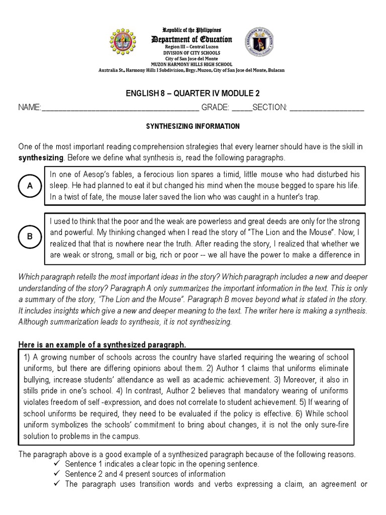Analyzing a Synthesized Lesson on Synthesizing Information | PDF ...
