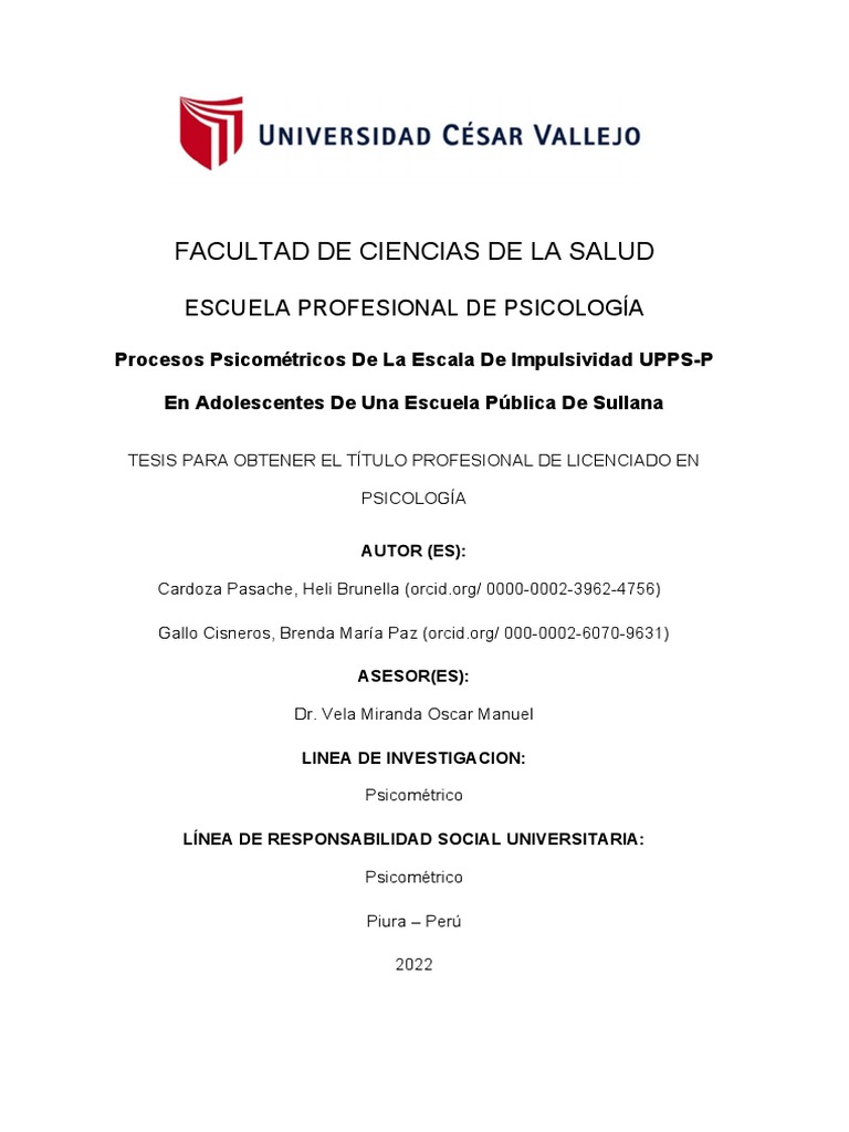 Procesos Psicométricos de La Escala de Impulsividad UPPS-P en ...