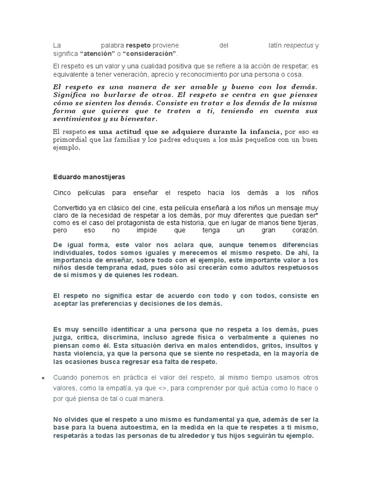 El Valor del Respeto en Niños | PDF | Relaciones personales, crianza y ...
