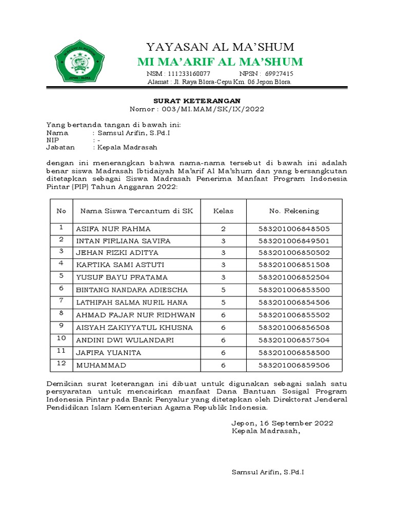Form-PIP.04 - Surat Keterangan Kepala Madrasah | PDF