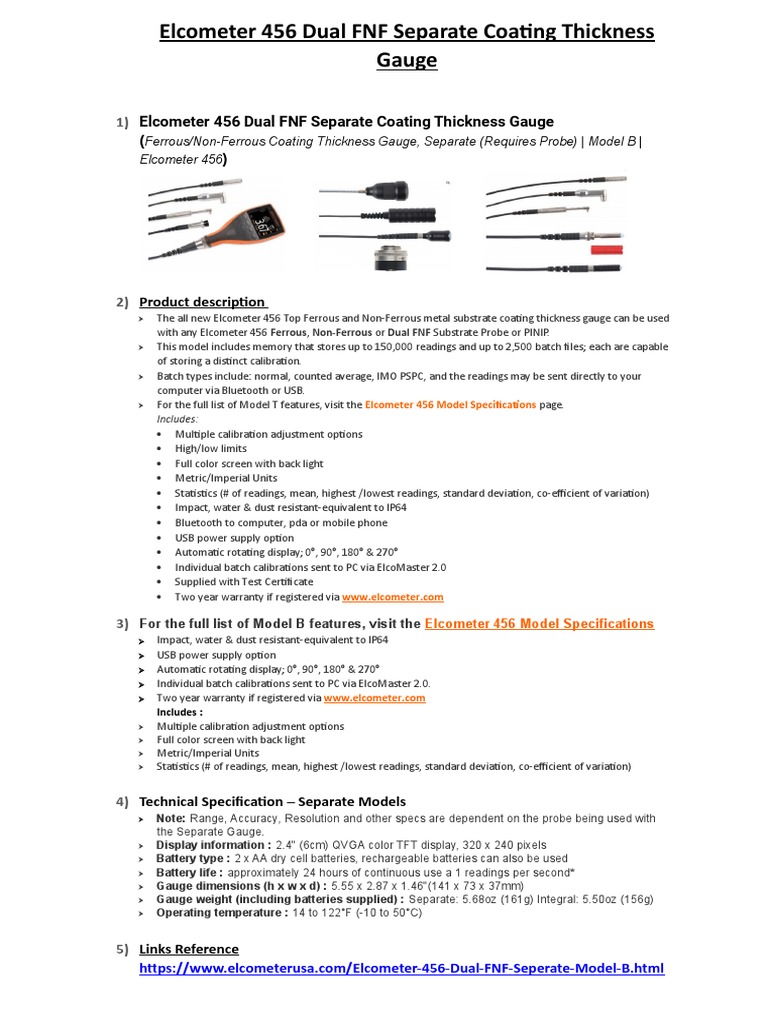 Specification of the Elcometer 456 Dual Ferrous/Non-Ferrous Coating ...