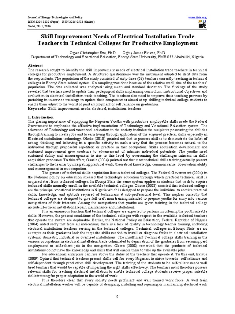 Skill Improvement Needs of Electrical Installation Trade Teachers in Technical Colleges For ...
