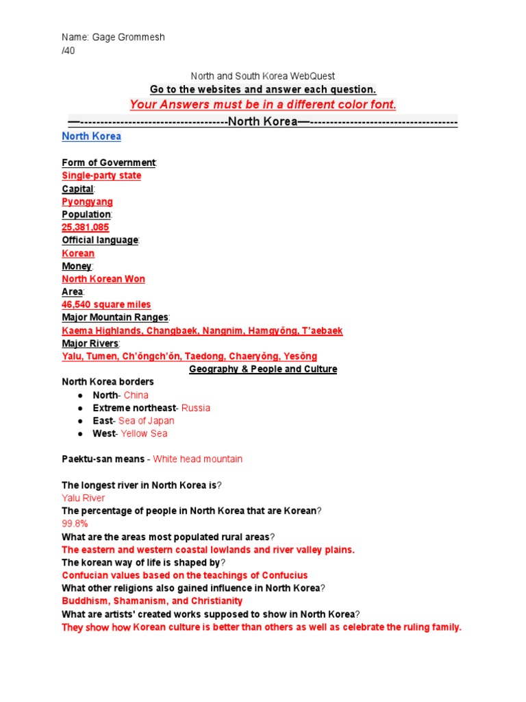 Gage Grommesh - North and South Korea Natgeo WebQuest | PDF | Korea ...