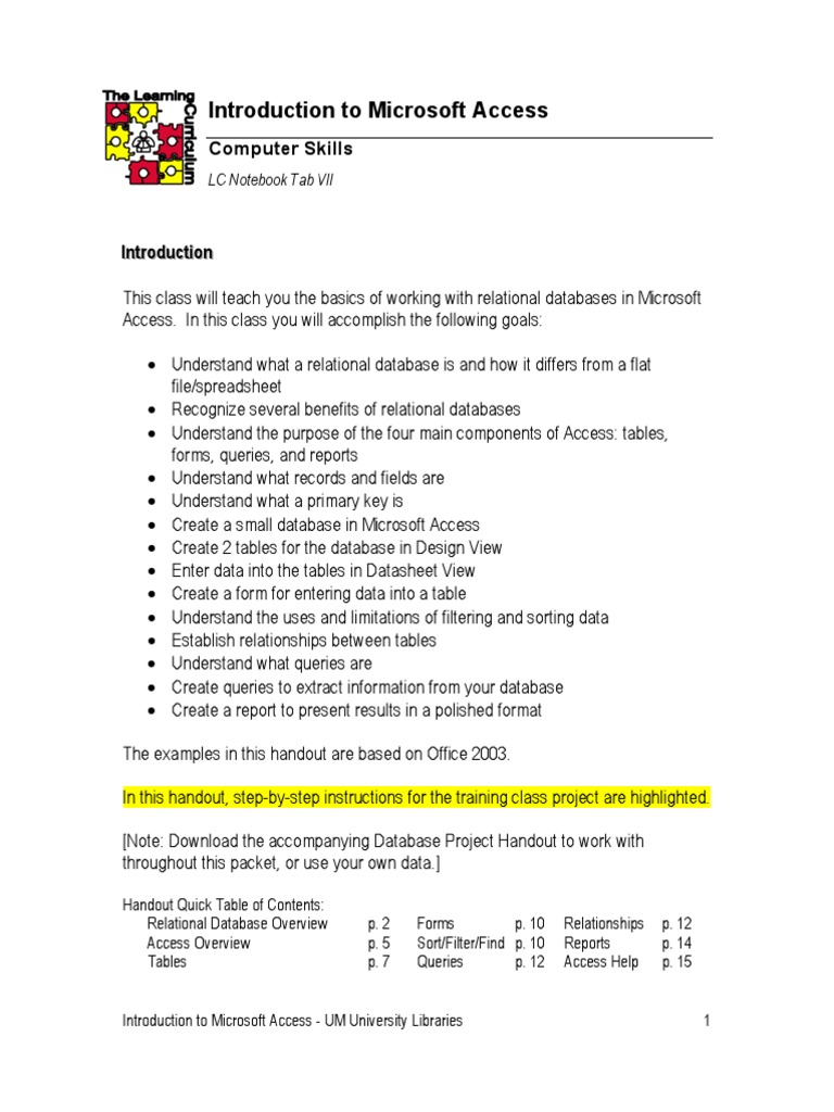 Introduction To Microsoft Access: Computer Skills | PDF | Microsoft Access | Databases