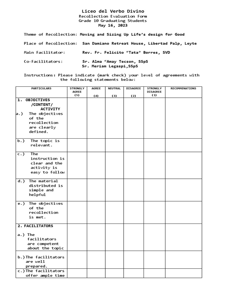 Grade 10 2023 Evaluation Form Recollection | PDF