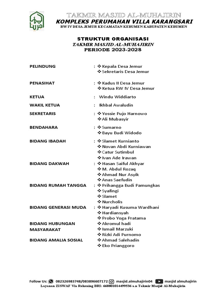 Struktur Organisasi Takmir Masjid Al-Muhajirin 2023-2028 | PDF