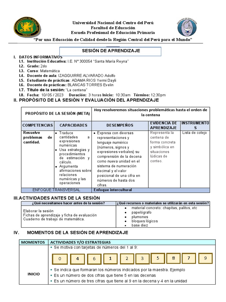 Sesión de Aprendizaje Centena | PDF