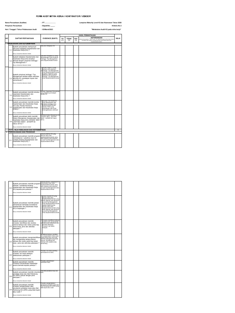 Cheklist Audit K3 Mitra Kerja | PDF
