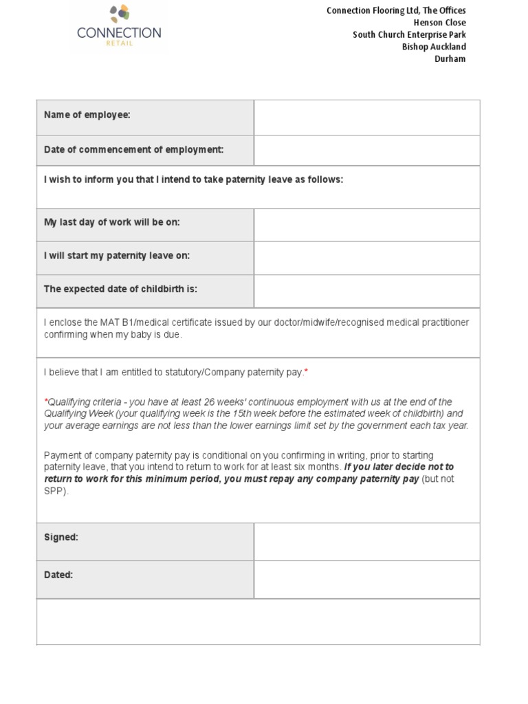 Form For Notification of An Employee's Intention To Take Paternity ...