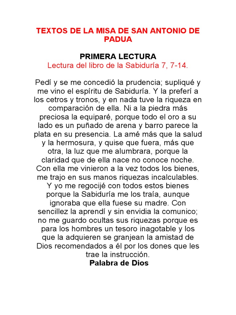 Textos de La Misa de San Antonio de Padua | PDF