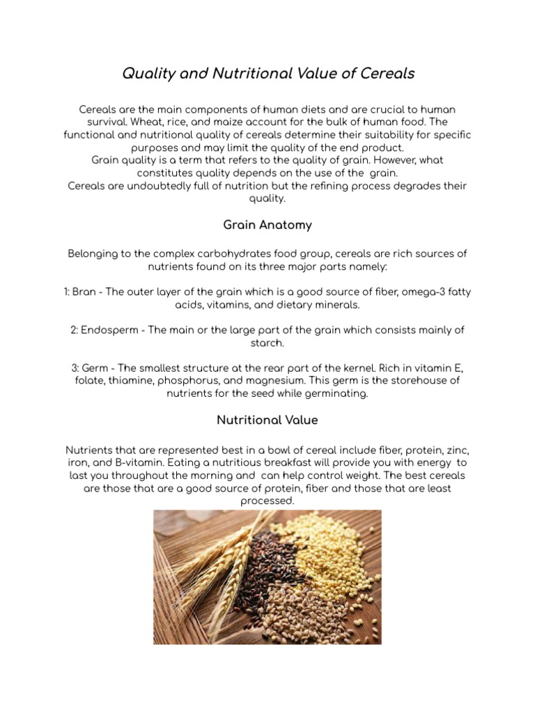 Quality and Nutritional Value of Cereals | PDF
