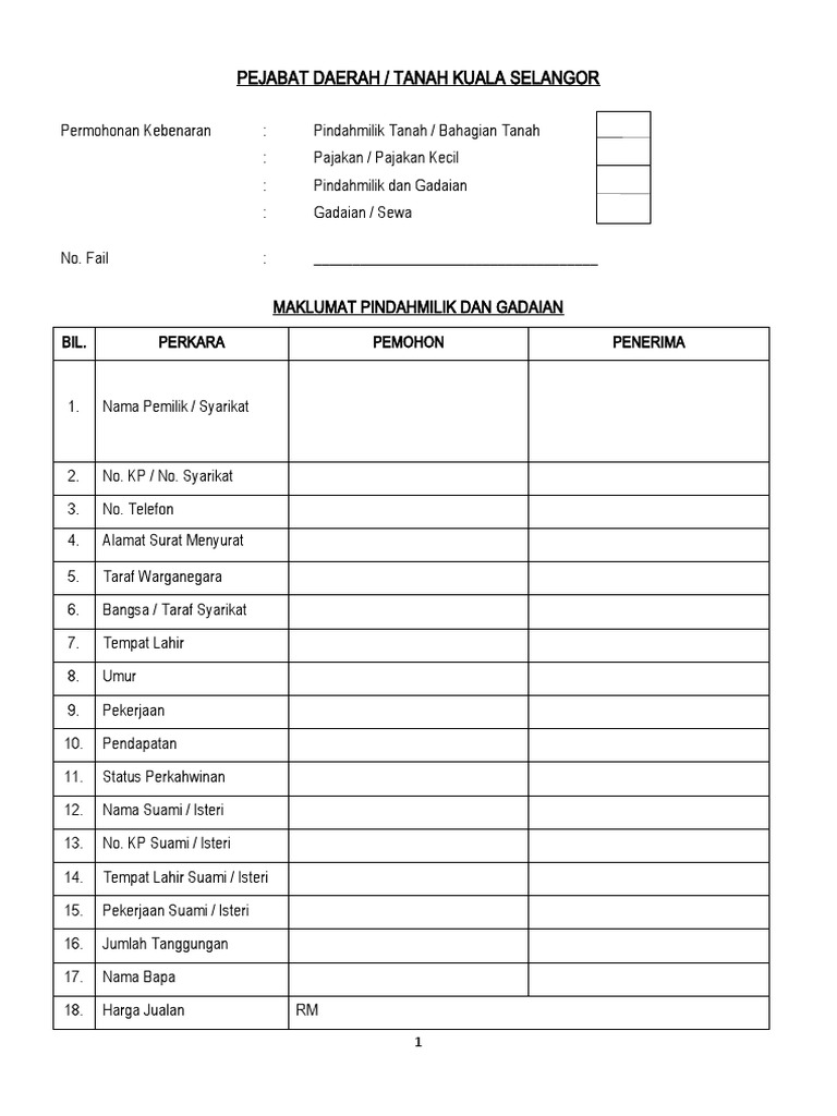 Borang Permohonan Kebenaran Pindahmilik Dan Gadaian | PDF