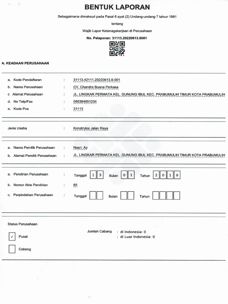 Wajib Lapor Ketenagakerjaan CV. CBP | PDF