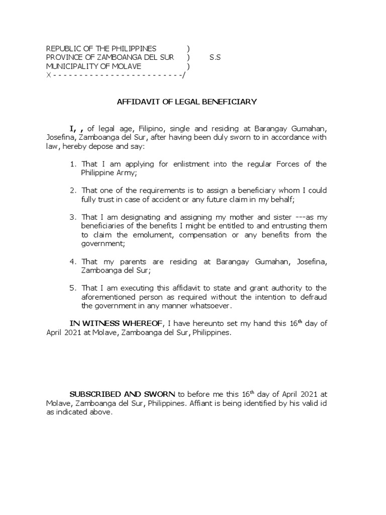AFFIDAVIT OF LEGAL BENEFICIARY (Mother and Sister) | PDF