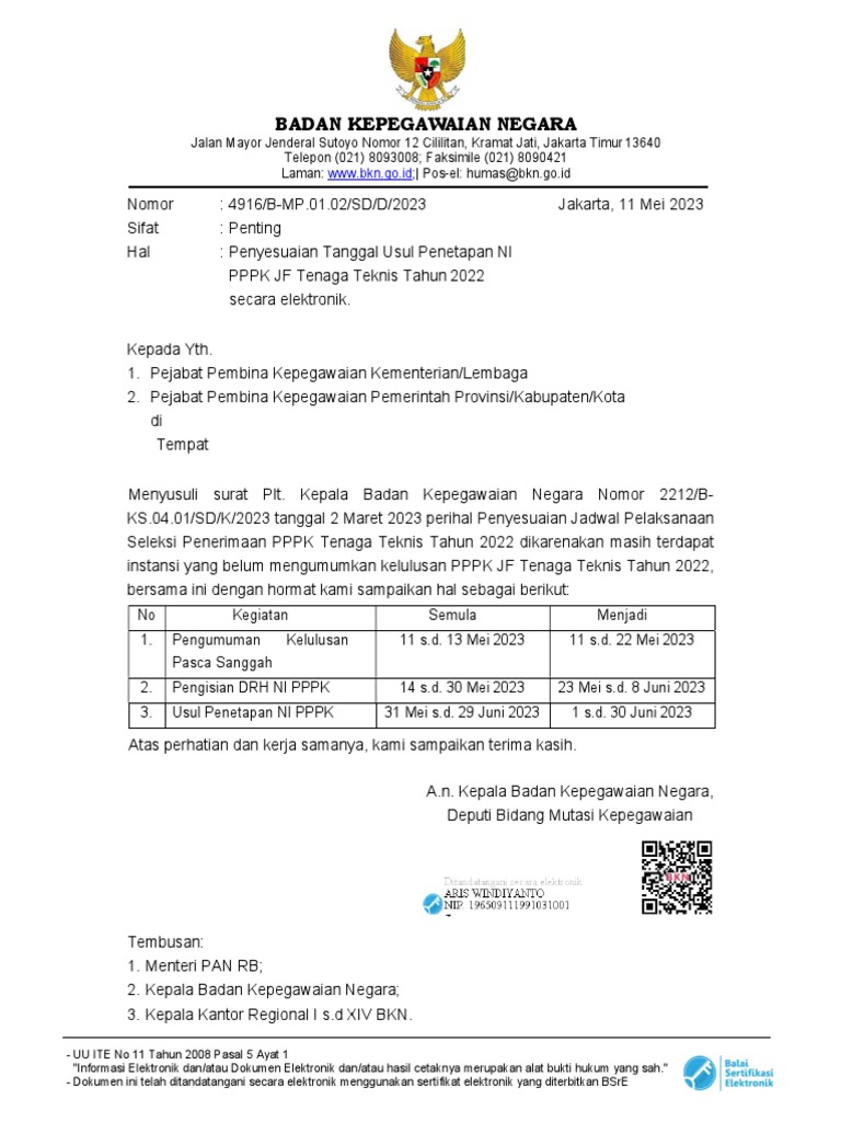 Surat Deputi Mutasi Tentang Penyesuaian Kembali Jadwal Pelaksanaan