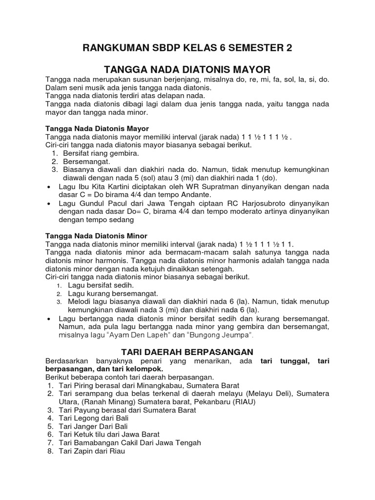 Rangkuman SBDP Kelas 6: Tangga Nada dan Tari | PDF | Seni