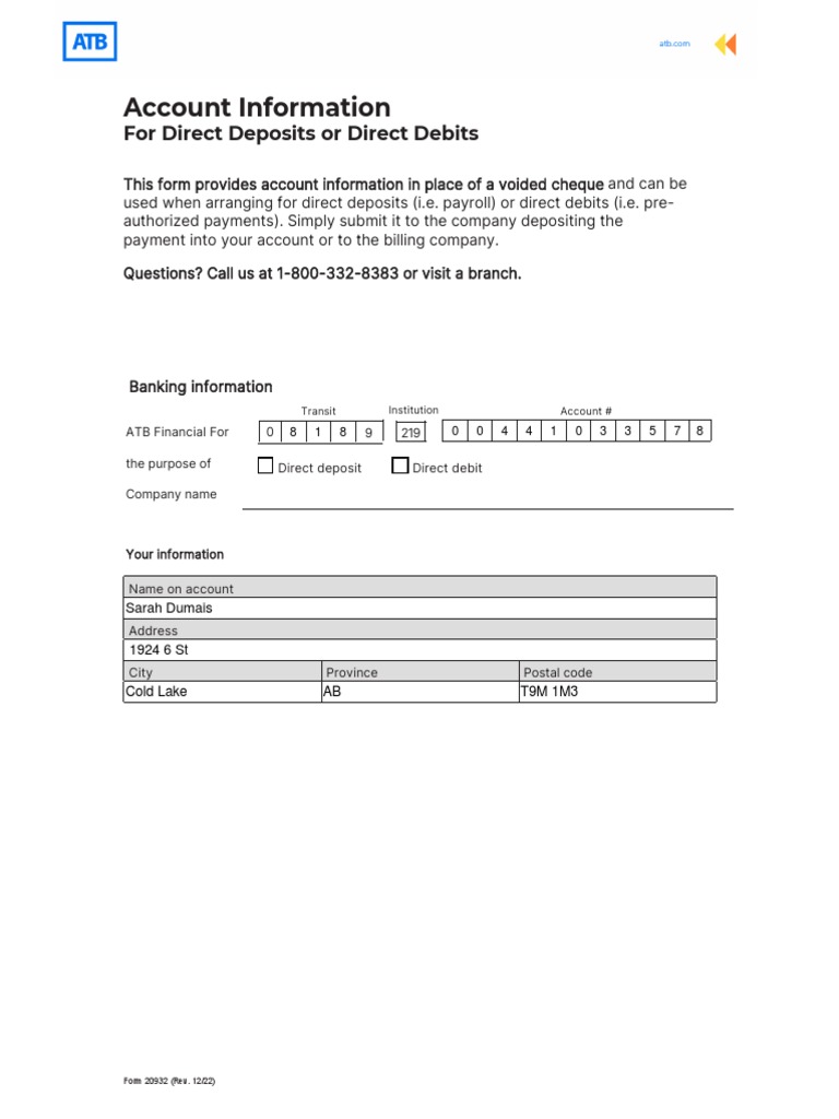 ATB Direct Deposit Form | PDF | Finance & Money Management | Politics