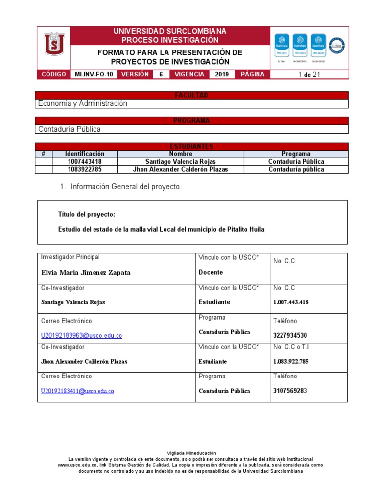 Mi-Inv-fo-10 Formato para La Presentacion de Proyectos de Investigacion | PDF | Sistema de ...