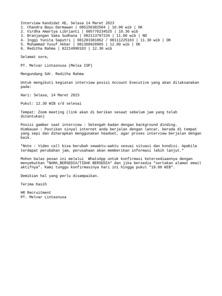 Interview Kandidat AE, Selasa 14 Maret 2023 | PDF