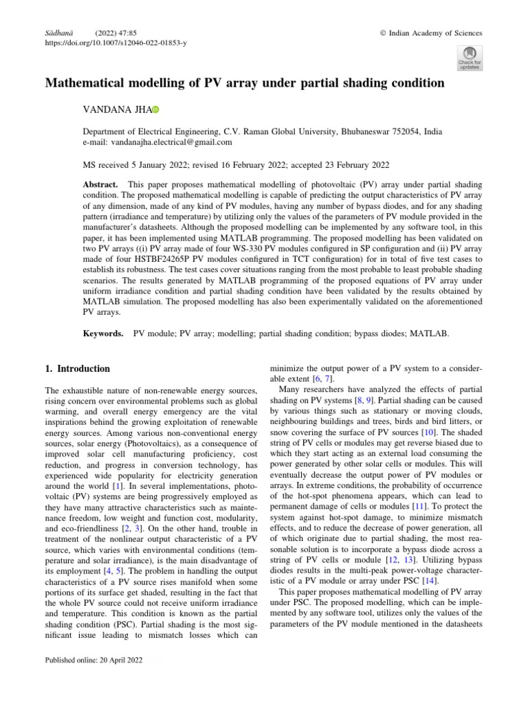 Mathematical Modelling of PV Array Under Partial Shading Condition | PDF