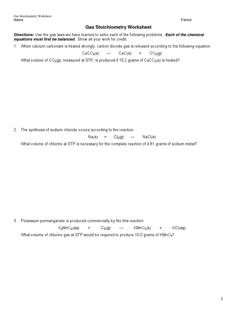 Gas Law Stoichiometry Worksheet Practice | PDF
