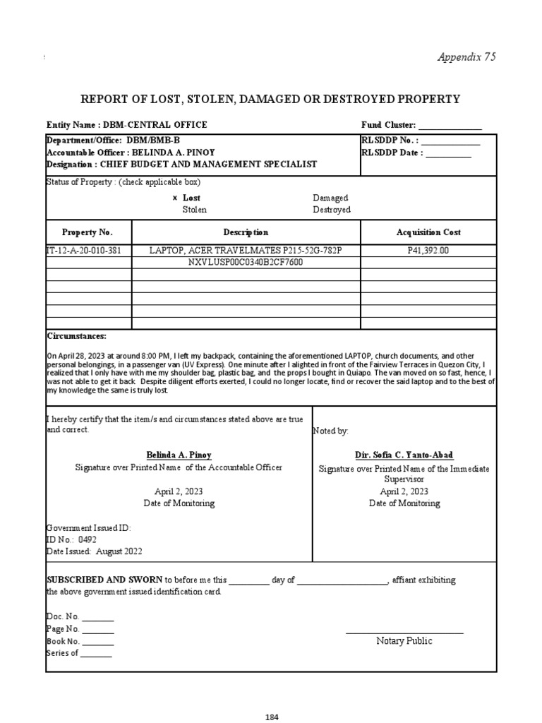 Appendix 75 - Report of Lost, Stolen, Damaged or Destroyed Property ...