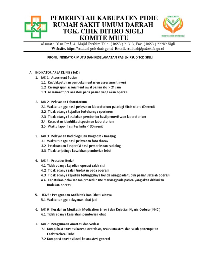 Profil Indikator Mutu Dan Keselamatan Pasien Rsud TCD Sigli | PDF