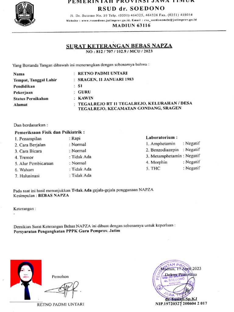 Surat Keterangan Bebas Napza | PDF