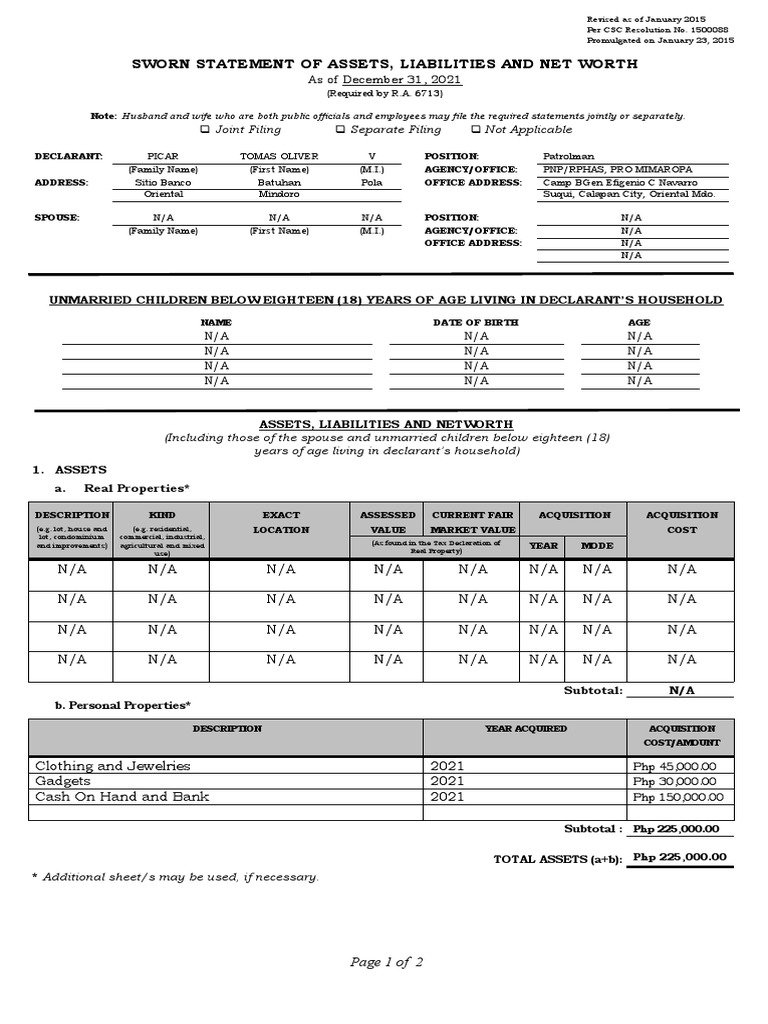 2021 SALN Form PICAR | PDF
