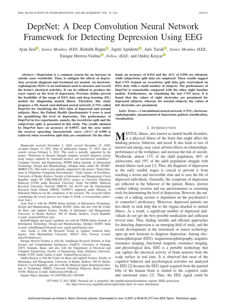 DeprNet: A Deep Convolution Neural Network Framework For Detecting Depression Using EEG | PDF