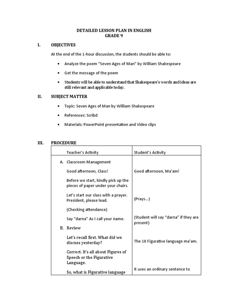Detailed Lesson Plan in English Grade 9 | PDF
