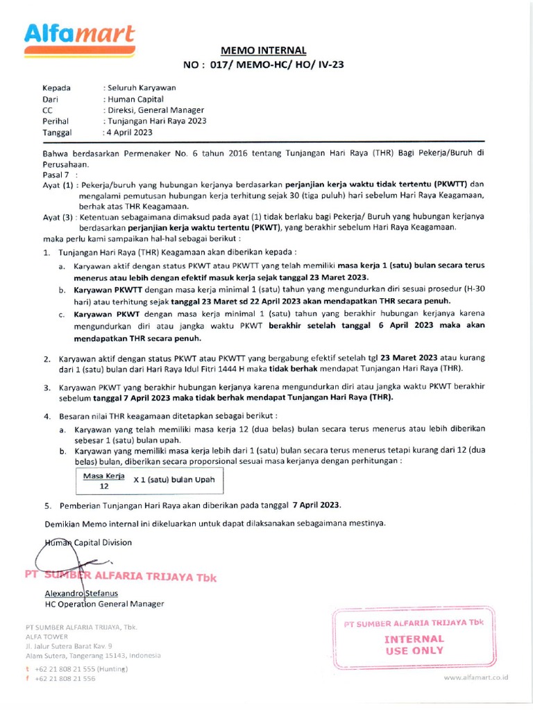 MEMO INTERNAL Tunjangan Hari Raya 2023 | PDF