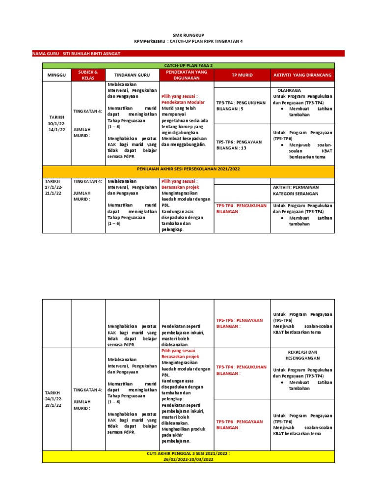 Catch-Up Plan PJPK T4 | PDF