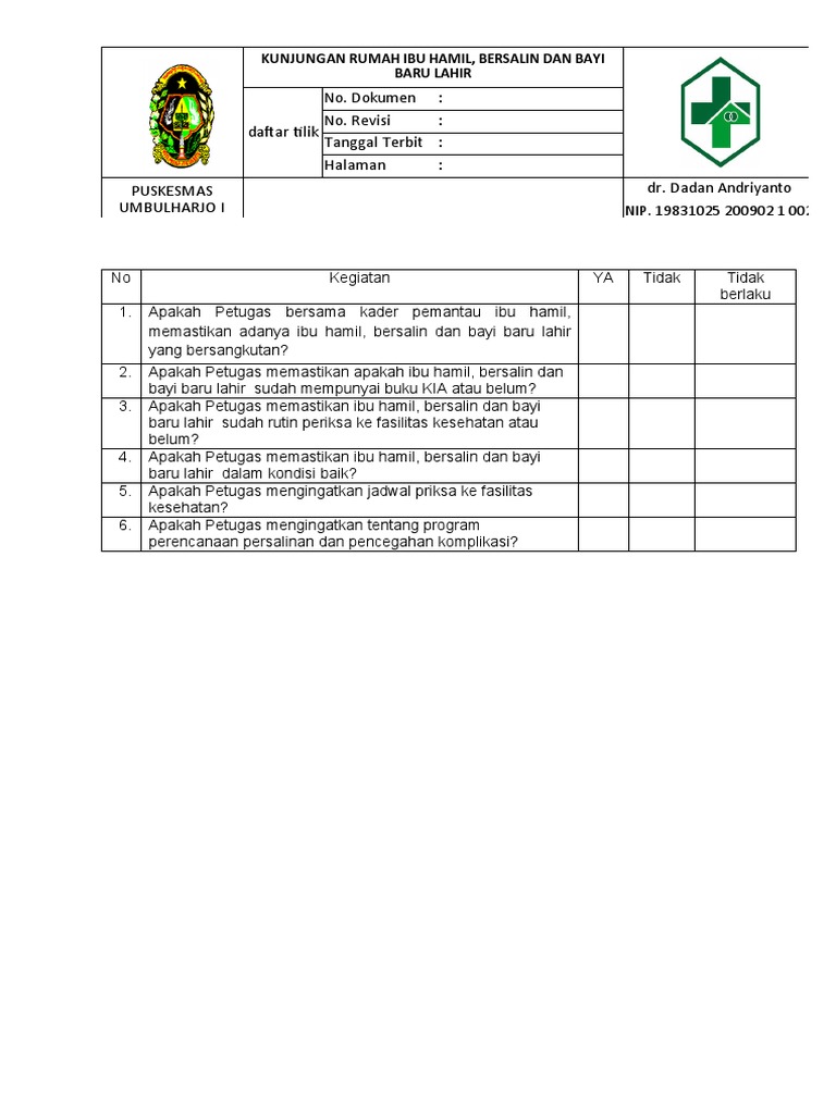 Daftar Tilik Kunjungan Rumah Bumil Bulin BBL | PDF