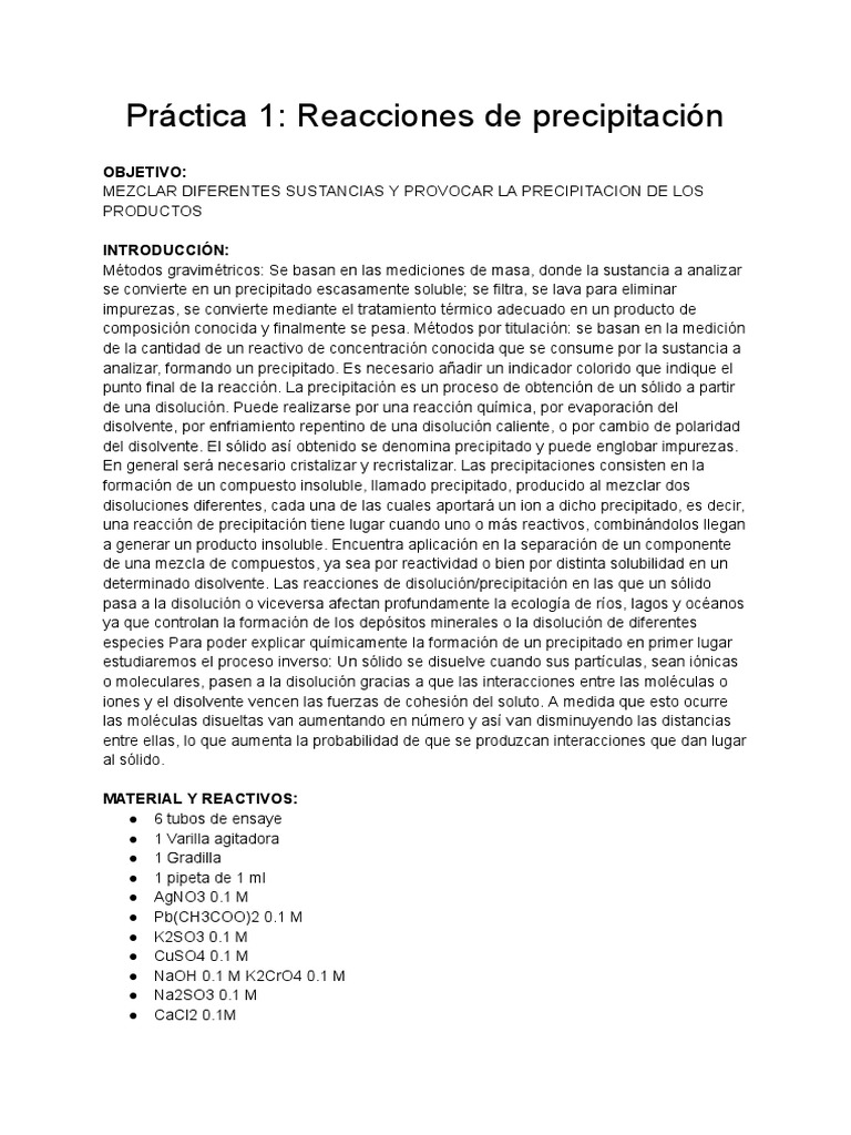 Practica 1 - Reacciones de Precipitación | PDF