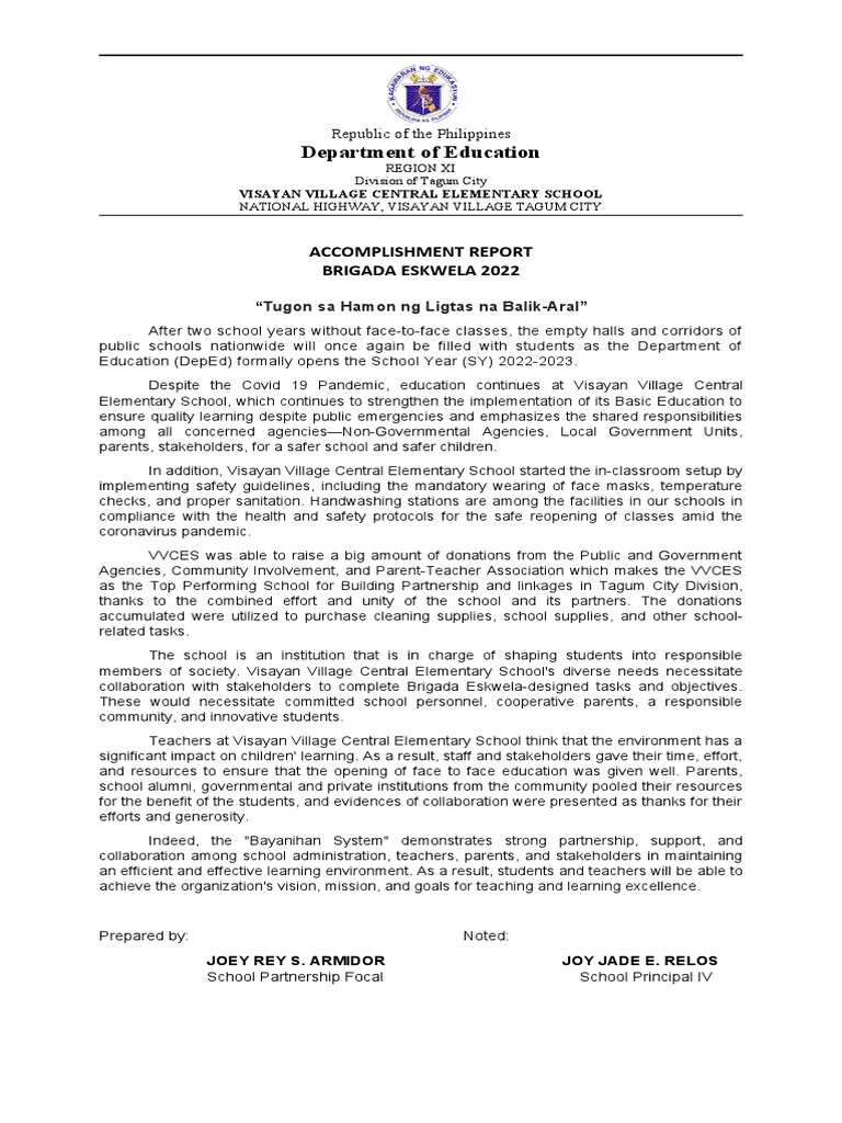 Accomplishment Report Brigada | PDF