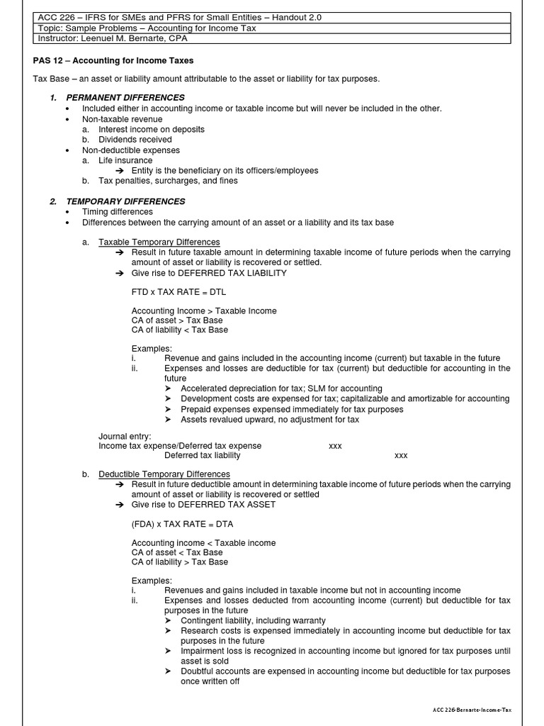 Handout 2.0 ACC 226 Sample Problems Accounting For Income Tax | PDF