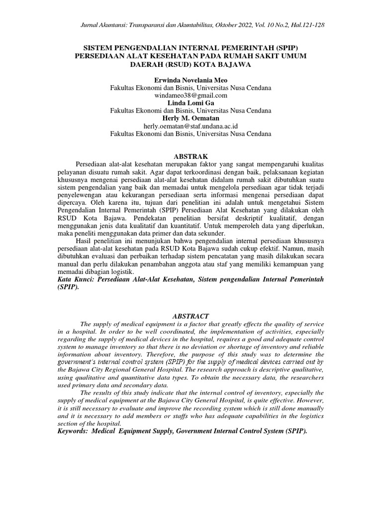 Sistem Pengendalian Internal Pemerintah (Spip) Persediaan Alat Kesehatan Pada Rumah Sakit Umum ...