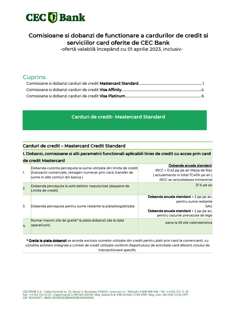 Comisioane Carduri Credit Persoane Fizice | PDF