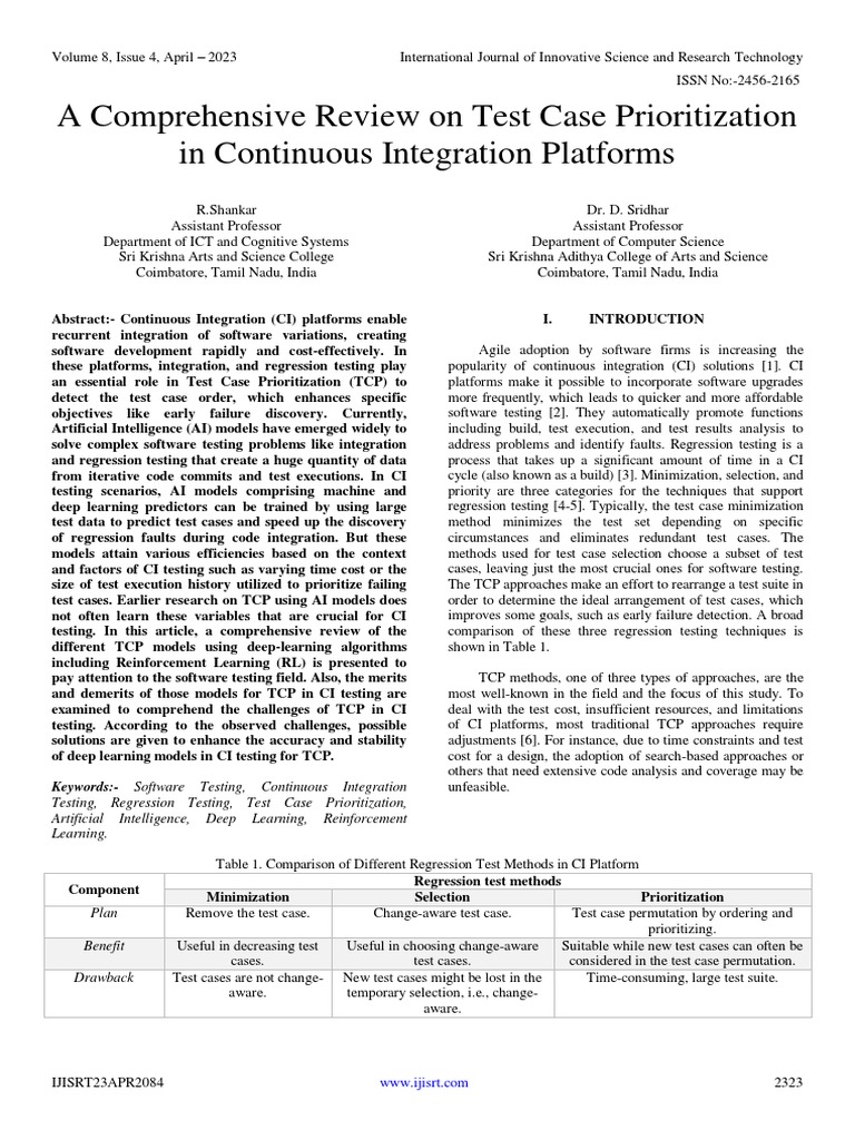 A Comprehensive Review On Test Case Prioritization In Continuous Integration Platforms Pdf