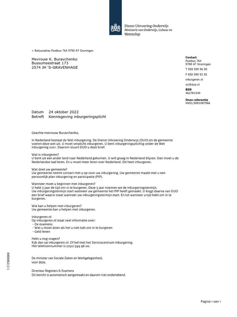 HV01 Kennisgeving Inburgeringsplicht 24-10-2022 | PDF