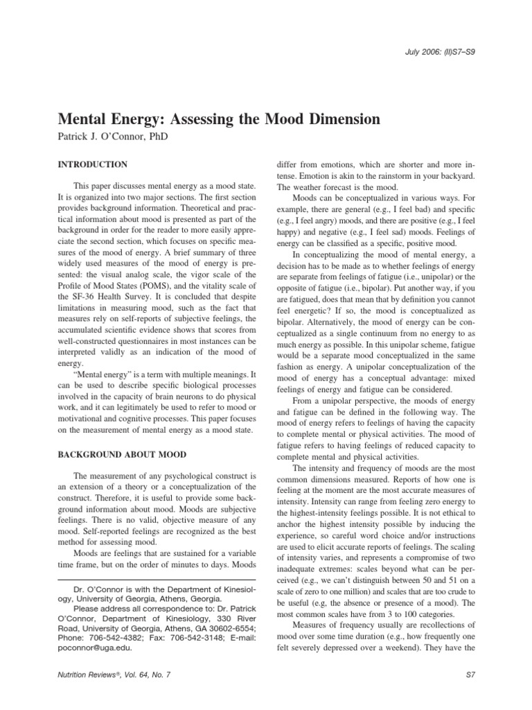 Mental Energy Assessing The Mood Dimension | PDF | Mood (Psychology) | Mental Health