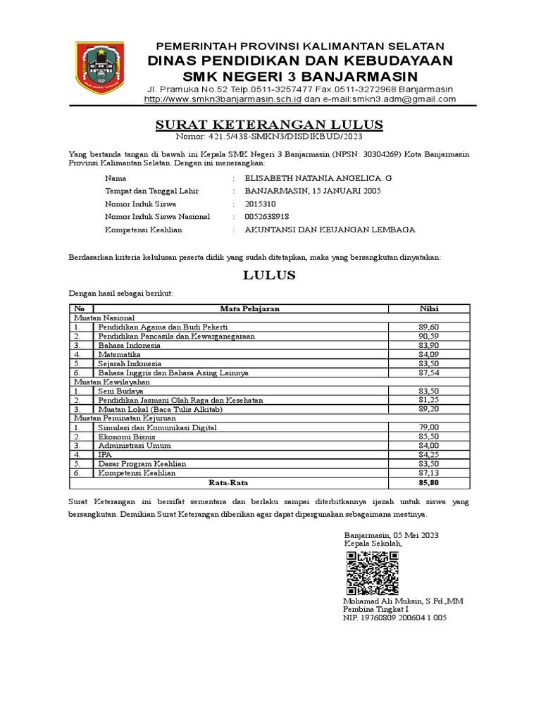 Surat Keterangan Lulus SMK Banjarmasin | PDF