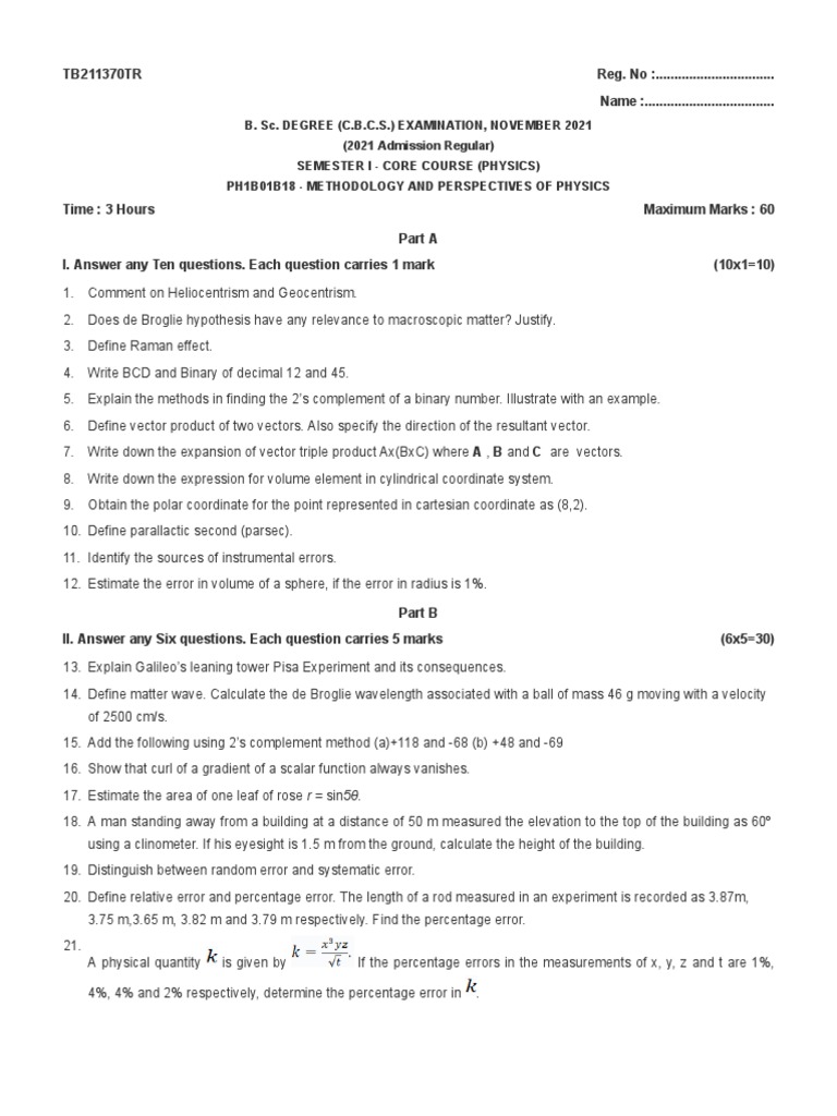 Physics Methodology Exam Questions 2021 | PDF | Euclidean Vector | Observational Error