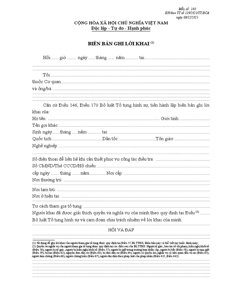 140. Biên Bản Ghi Lời Khai | PDF