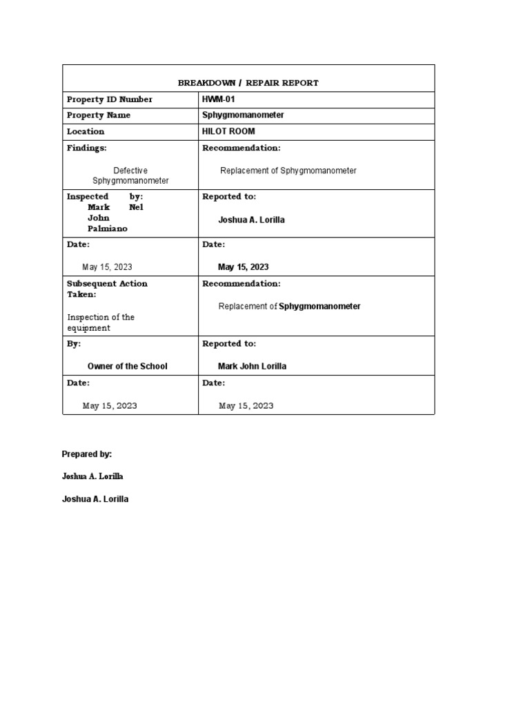 Breakdownrepair Report For Hilot | PDF