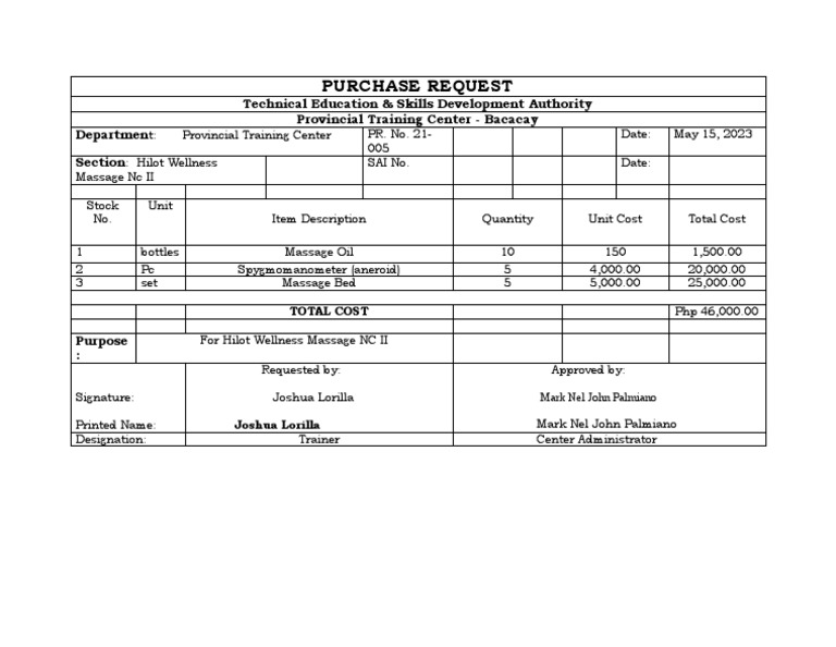 PURCHASE REQUEST For Hilot | PDF